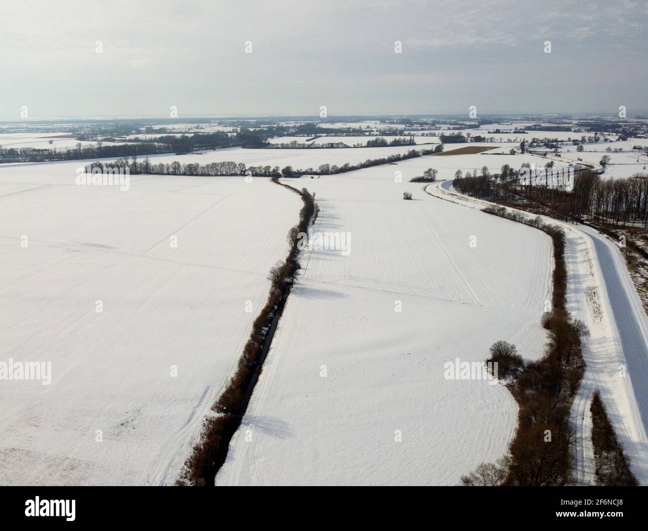 A brook river stream in Bavaria, aerial view photographed with a drone ...