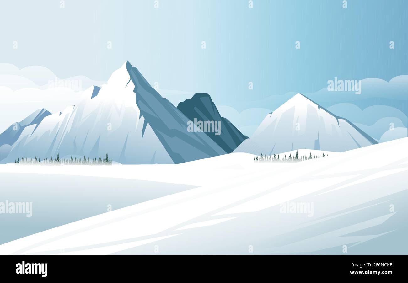 Horizontal winter mountain landscape with fir forest and show mountains ...