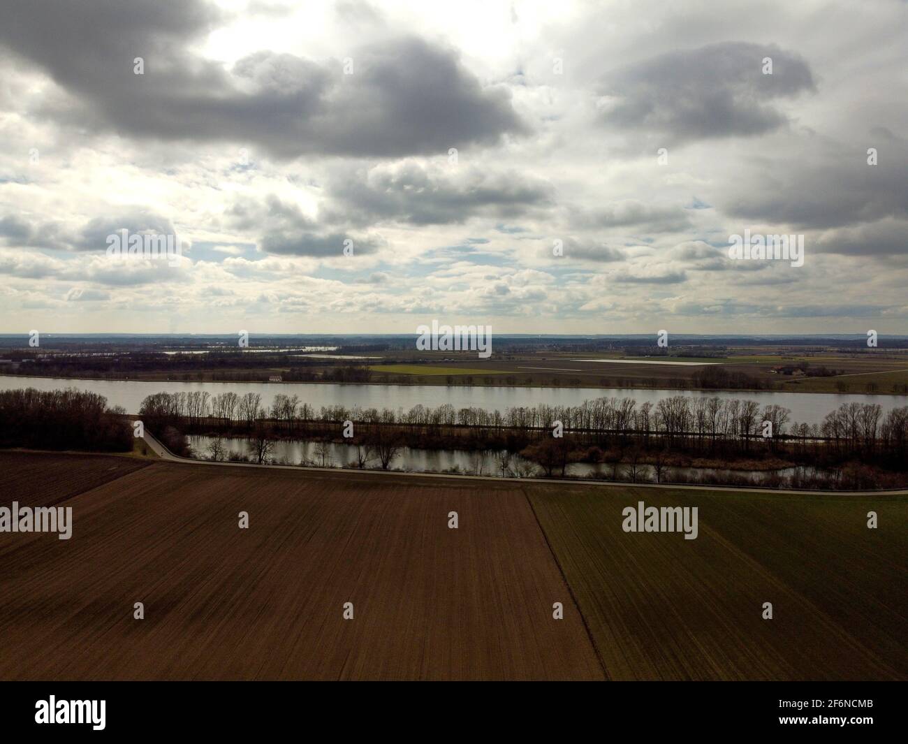 A brook river stream in Bavaria, aerial view photographed with a drone ...