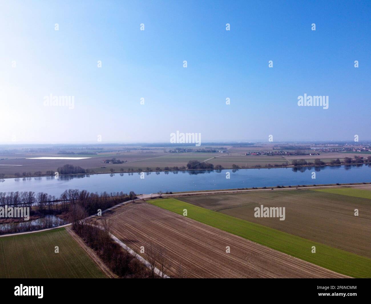 A brook river stream in Bavaria, aerial view photographed with a drone ...