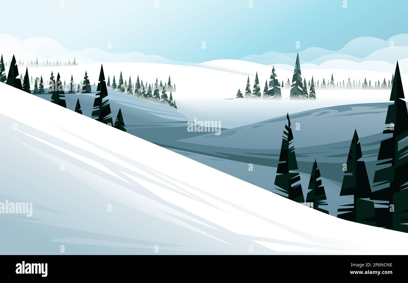 Horizontal winter mountain landscape with fir forest and show mountains ...