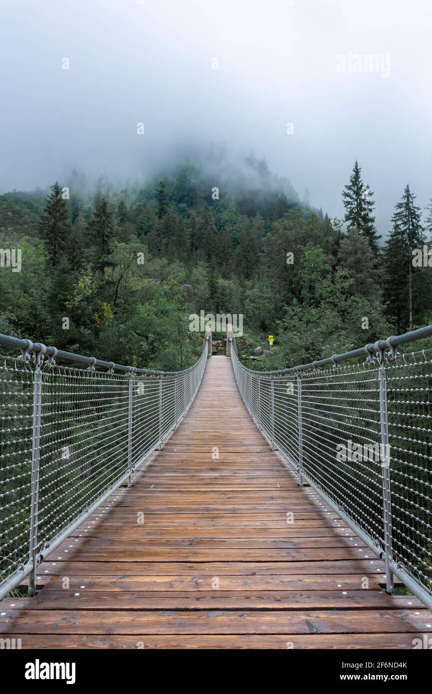 The Hangebrucke, hanging wooden bridge in the forest of Berchtesgaden ...