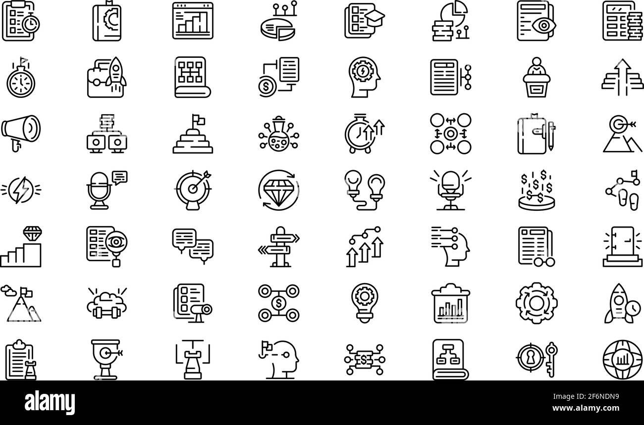 Realization icons set. Outline set of realization vector icons for web ...