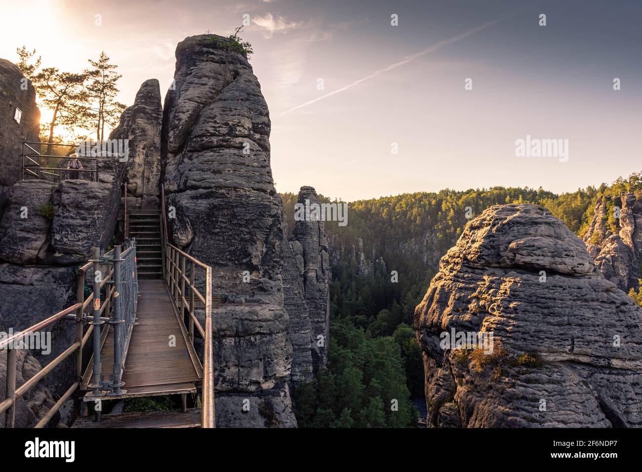 The Bastei Bridge at sunset, Saxon Switzerland National Park. Germany ...