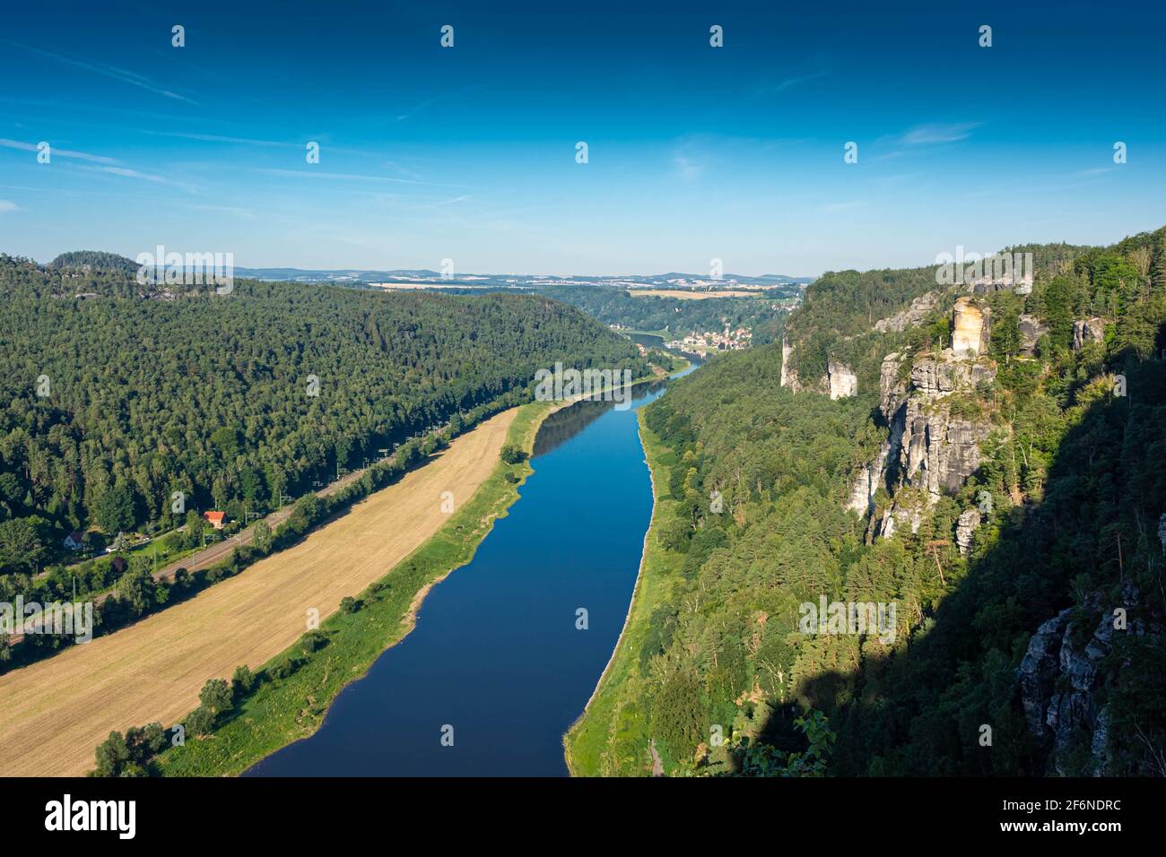 Amazing aerial view over the Elbe River, Saxon Switzerland National ...