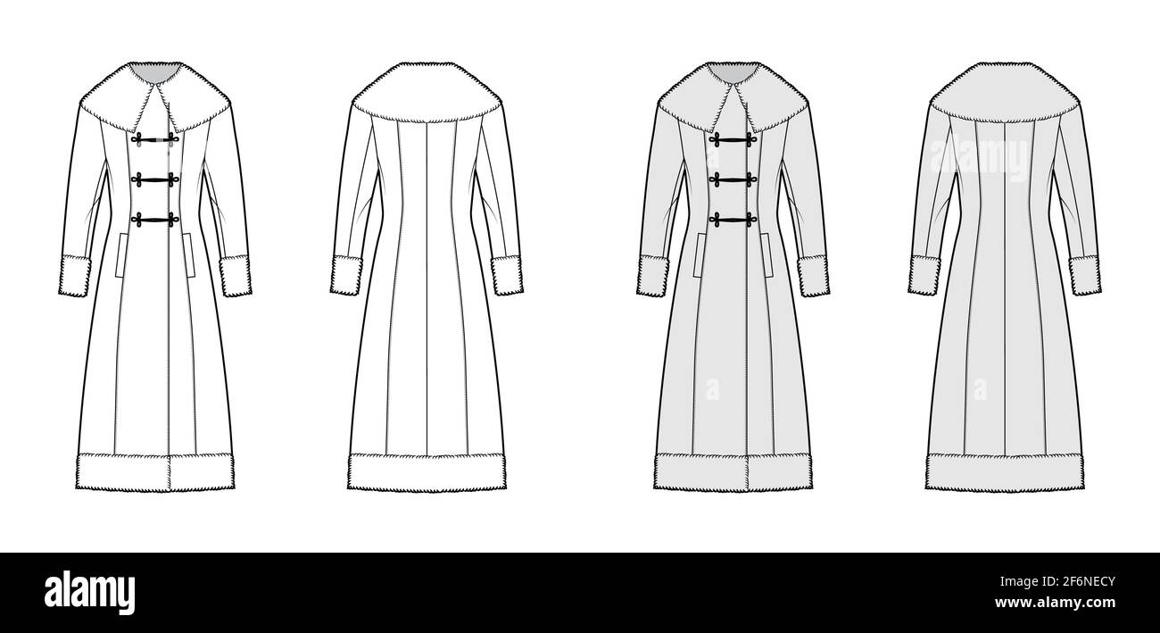 Cossack coat technical fashion illustration with long sleeves, fur cuff ...