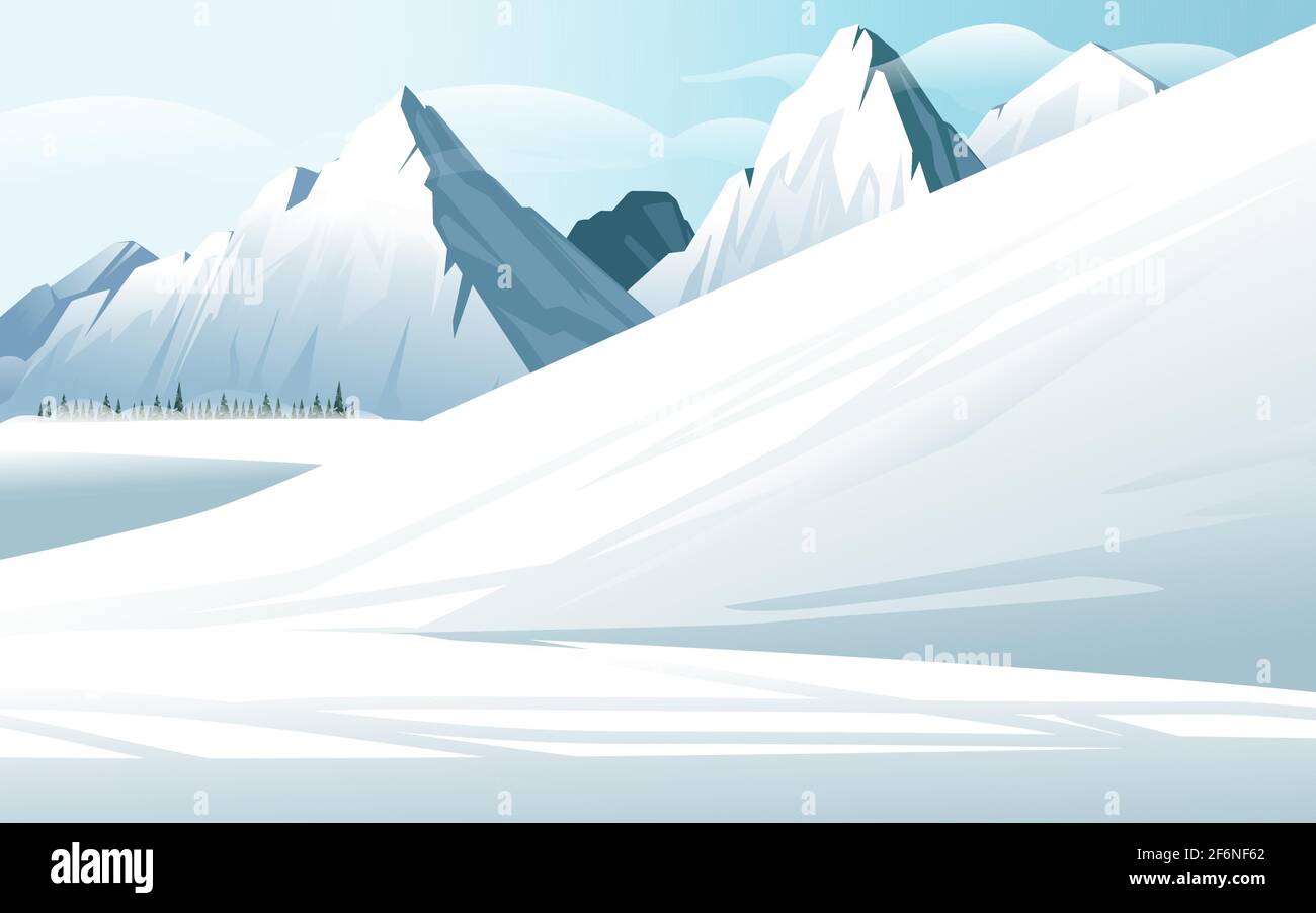 Horizontal winter mountain landscape with fir forest and show mountains ...