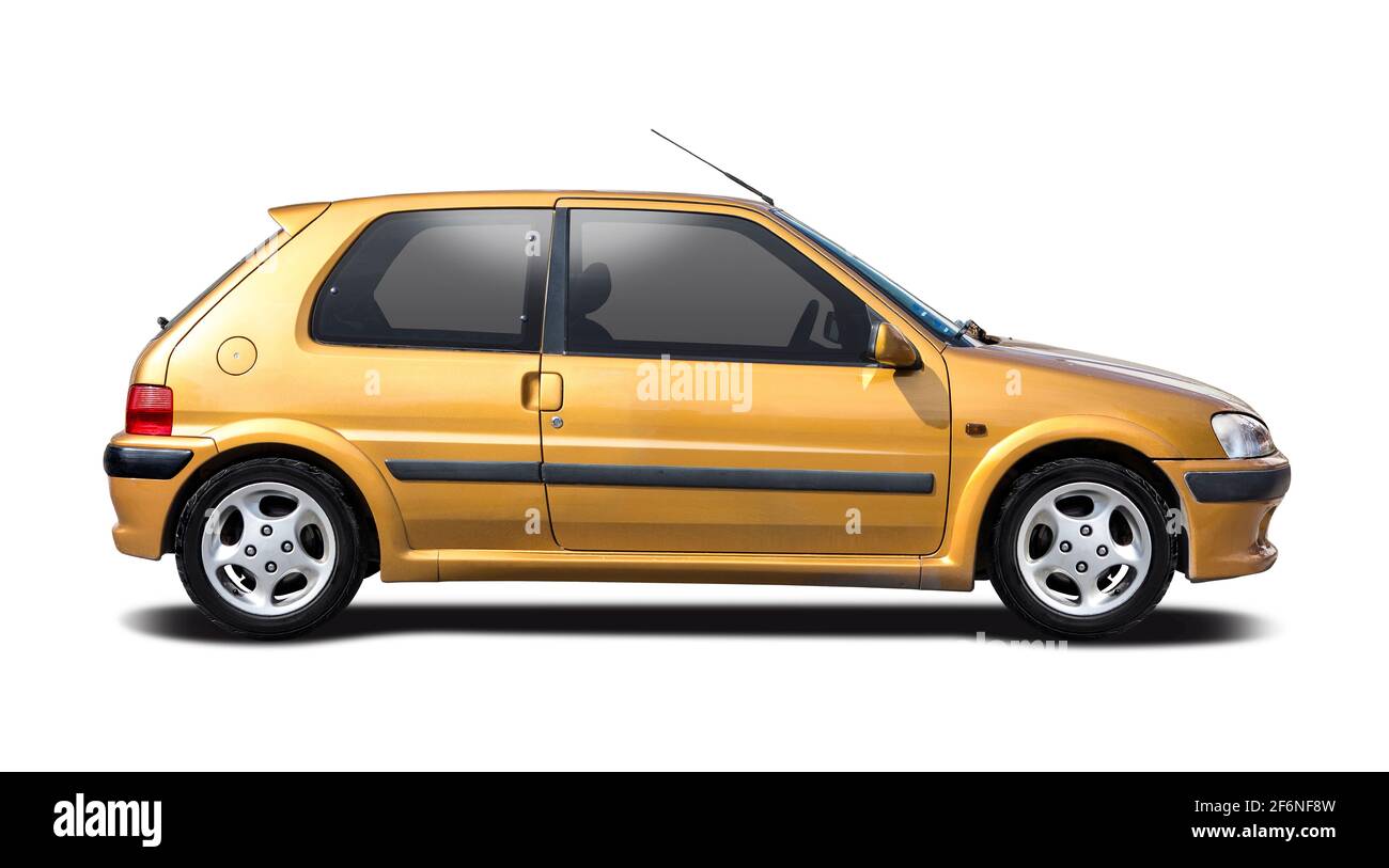 French sport hatchback car, side view isolated on white background ...