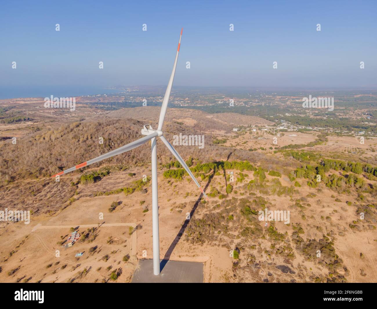 Wind turbine from aerial view - Sustainable development, environment ...