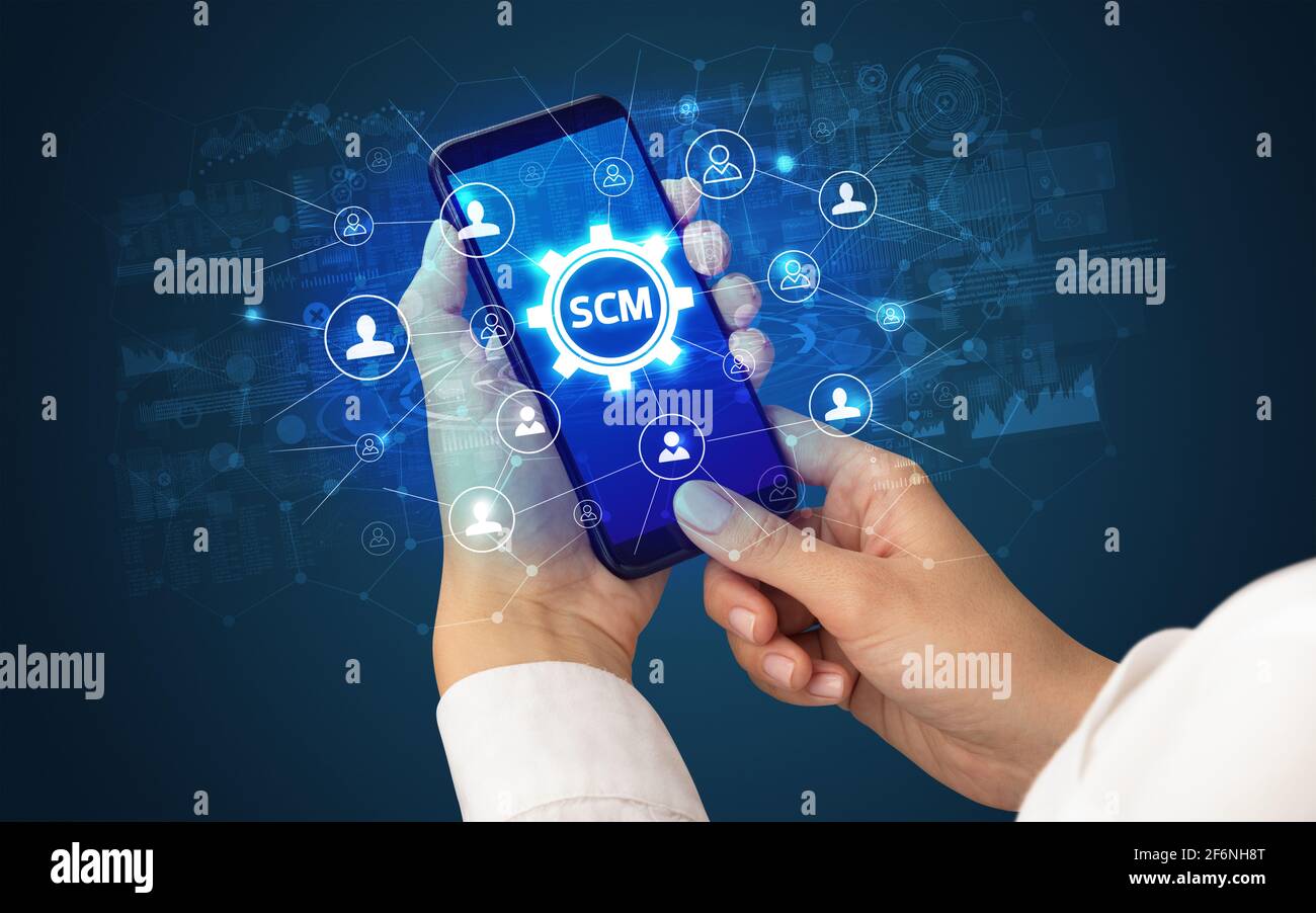 Hand using smartphone with technology concept Stock Photo - Alamy