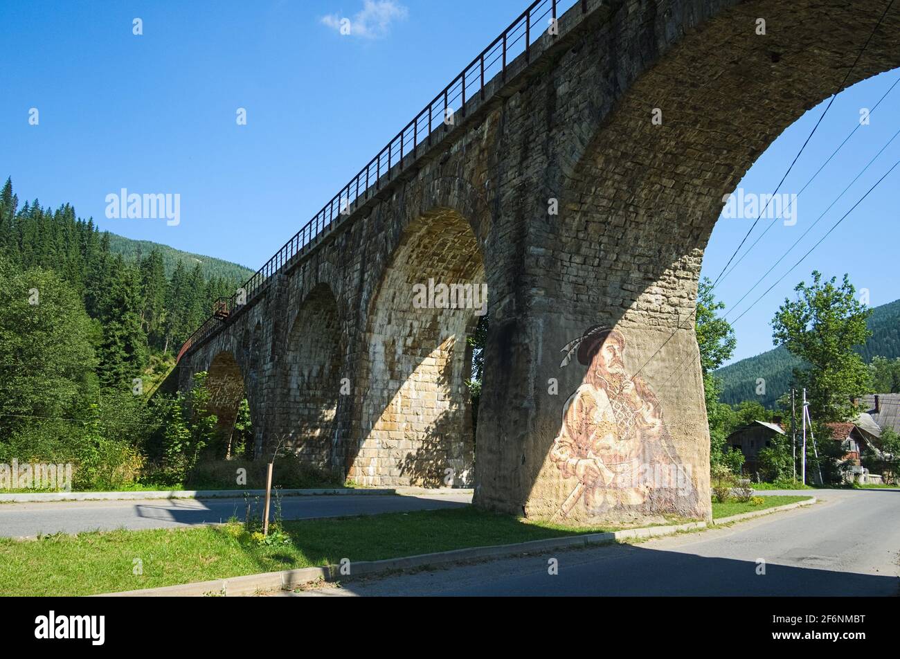 Vorokhta, Ukraine - August, 2019: Old arch railroad bridge over the ...