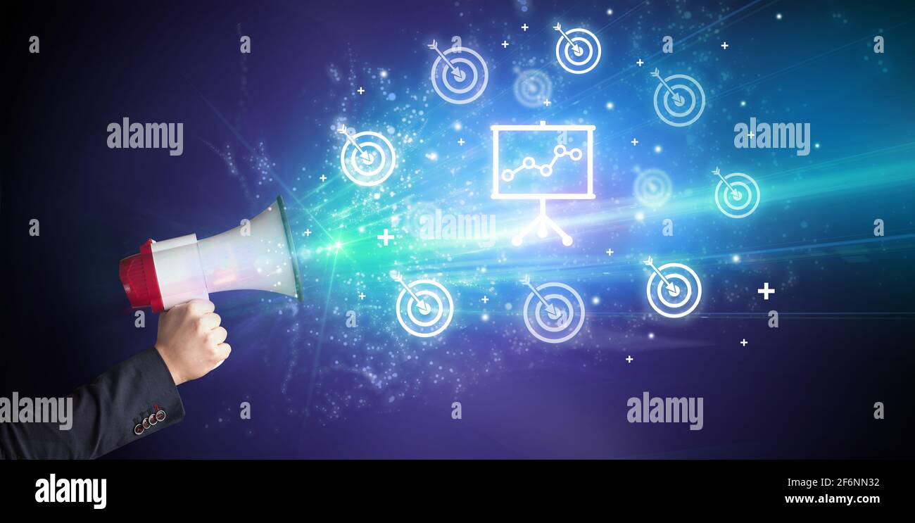 Young person with megaphone and business icon Stock Photo - Alamy