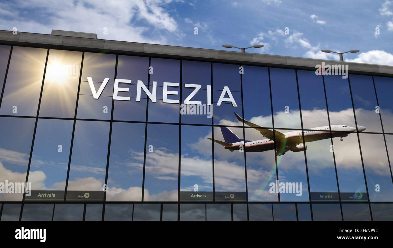 Jet aircraft landing at Venice, Venezia, Italy 3D rendering ...