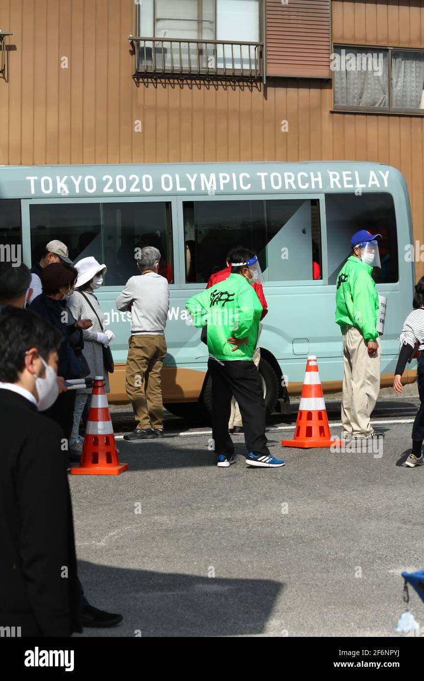 Iida, Japan, 02/04/2021, Olympic torch event in iida city. The bus ...