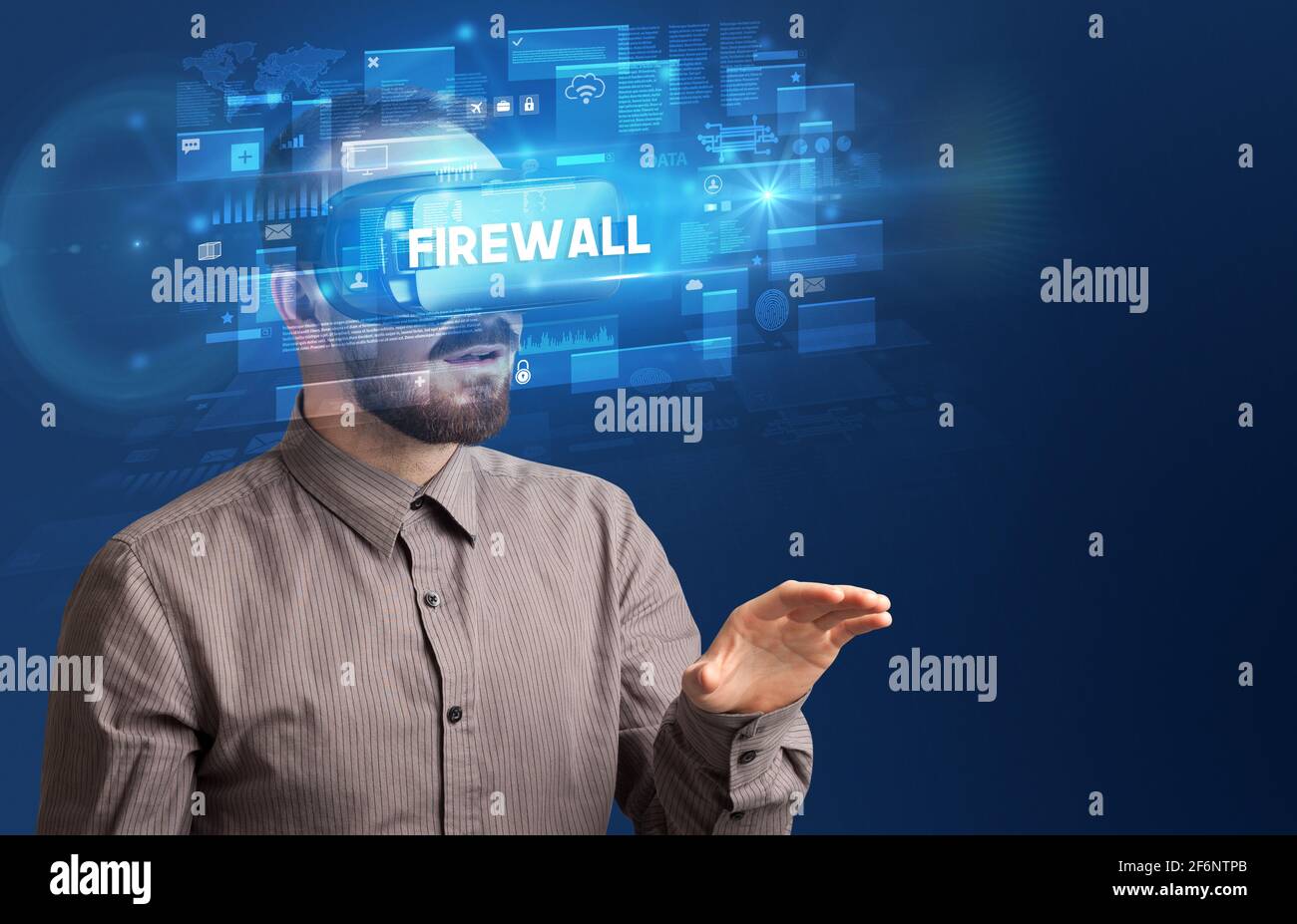 Businessman looking through Virtual Reality glasses Stock Photo - Alamy