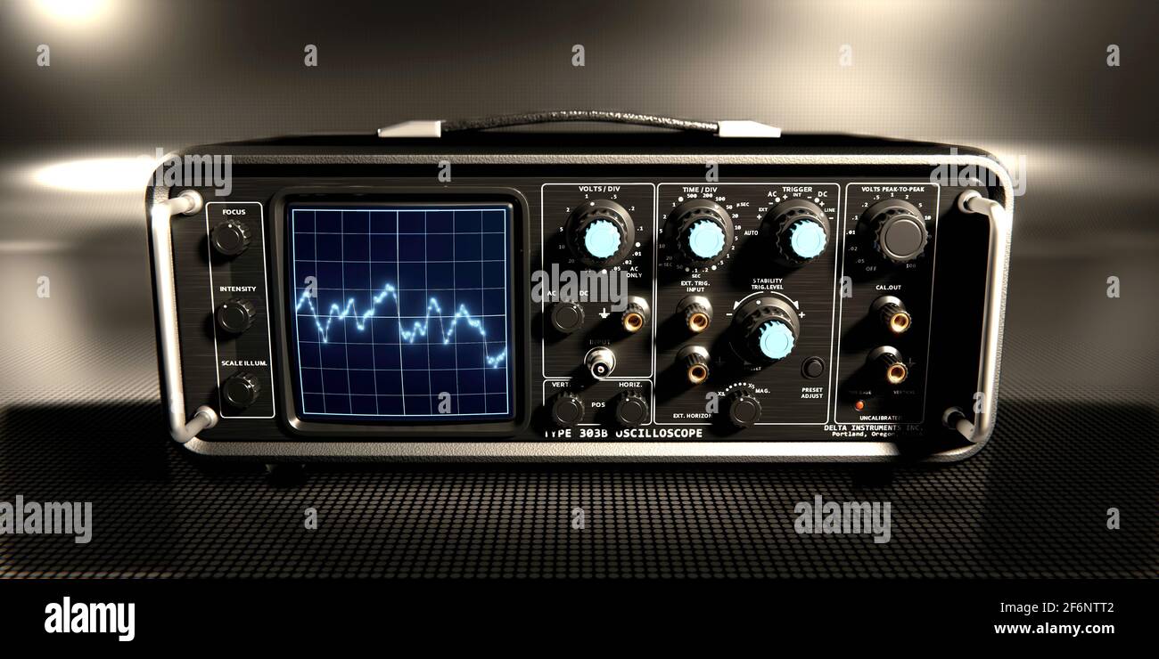 oscilloscope on black metal table 3d illustration Stock Photo - Alamy