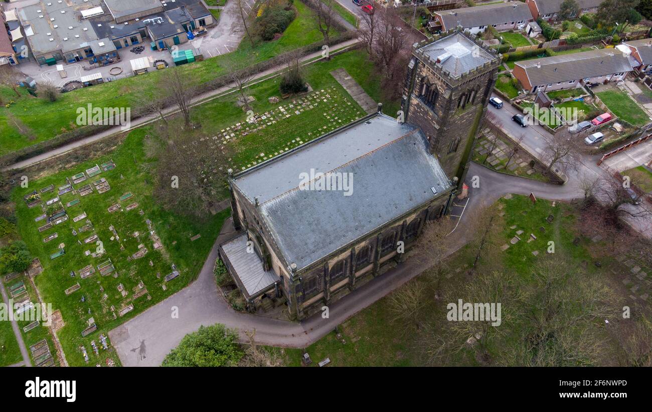 Aerial drone photo of a historical church in the British town of ...