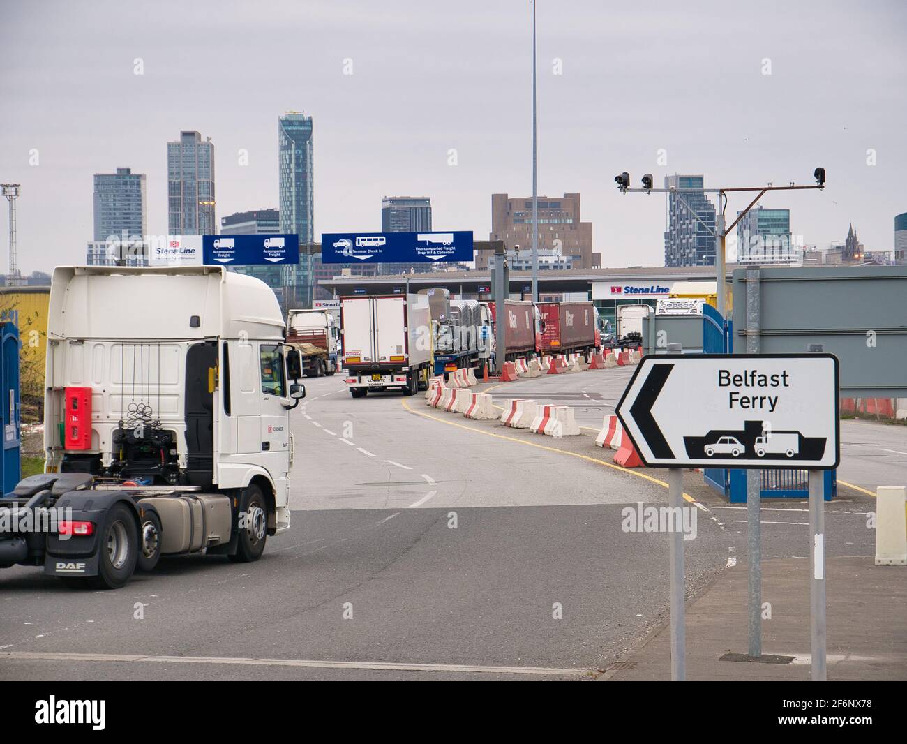 A lorry tractor unit arriving and others queuing at the Stena Line roll ...