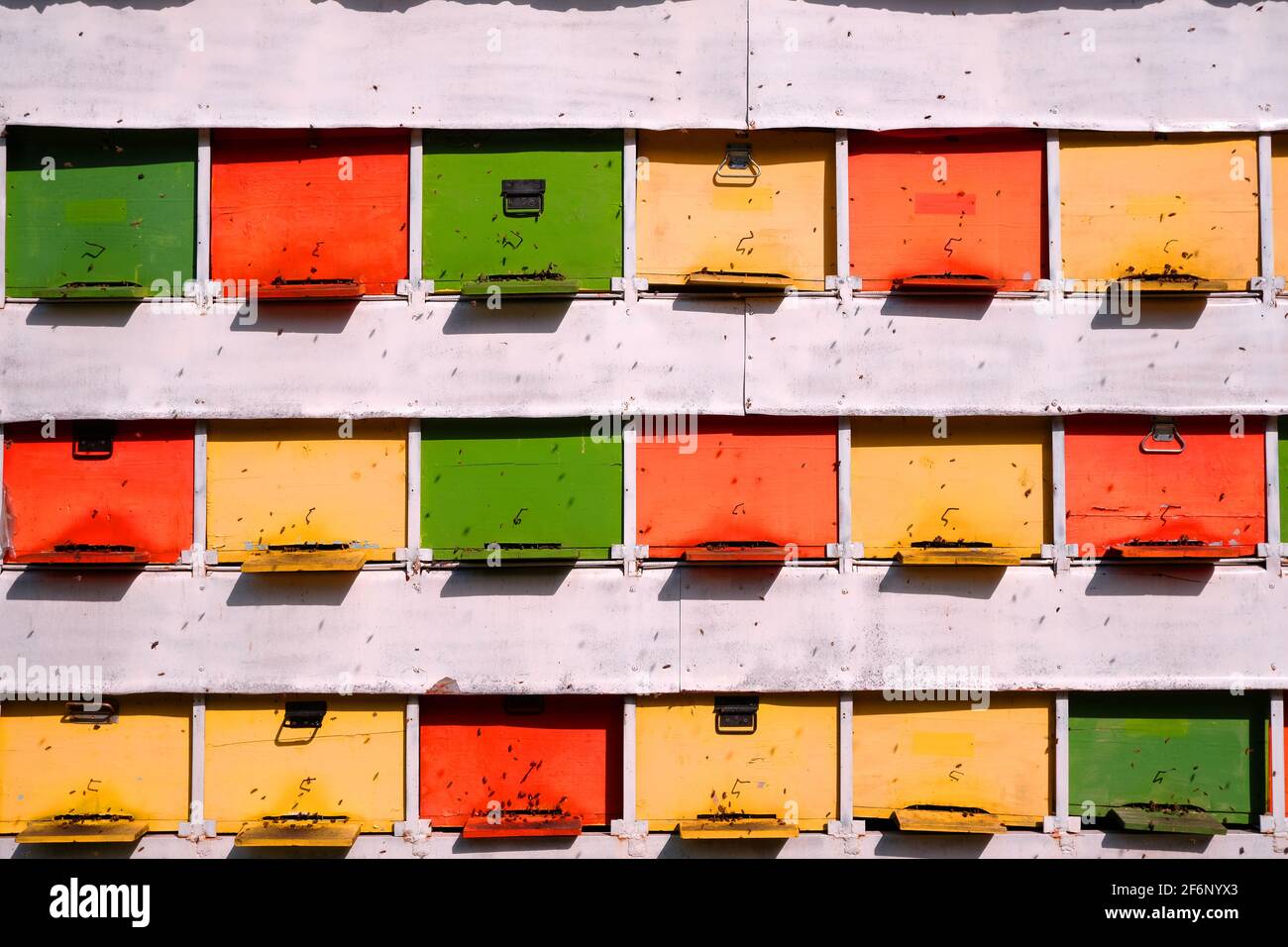 Colorful rural hive set for bee colony in Maramures, Romania Stock ...