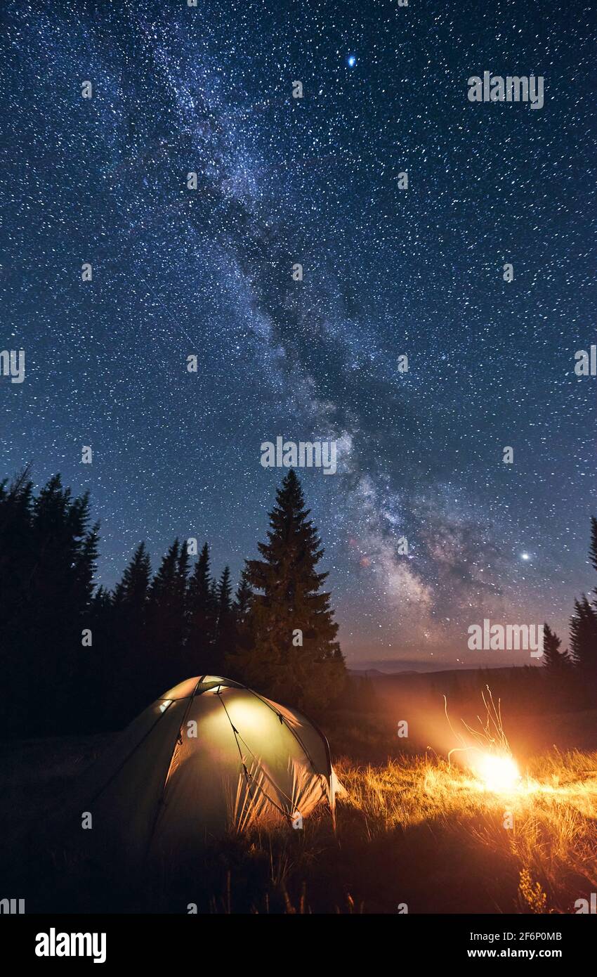Tourist camp near forest in warm summer night. Illuminated tent and ...