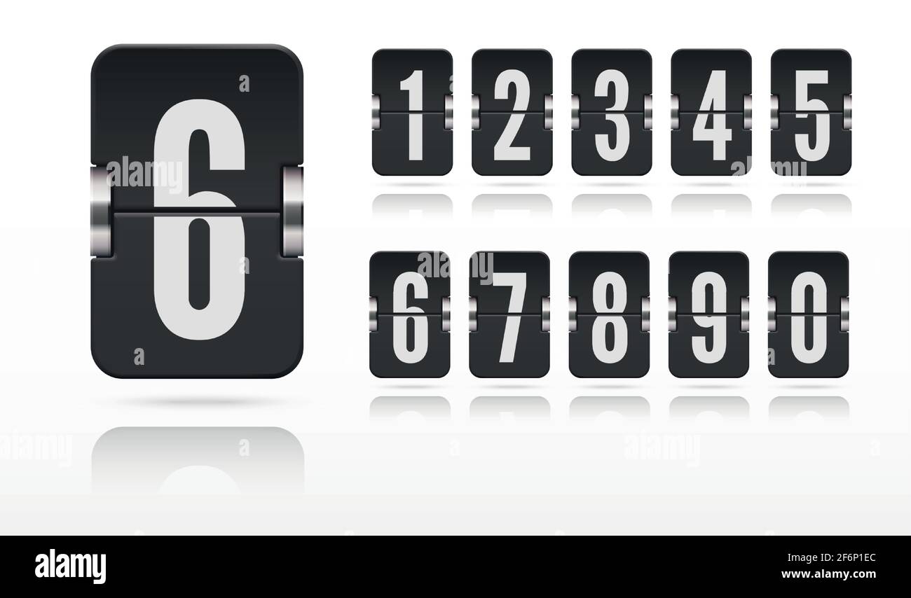 Set Of Flip Score Board Numbers Floating With Reflections For Black Countdown Timer Or Calendar