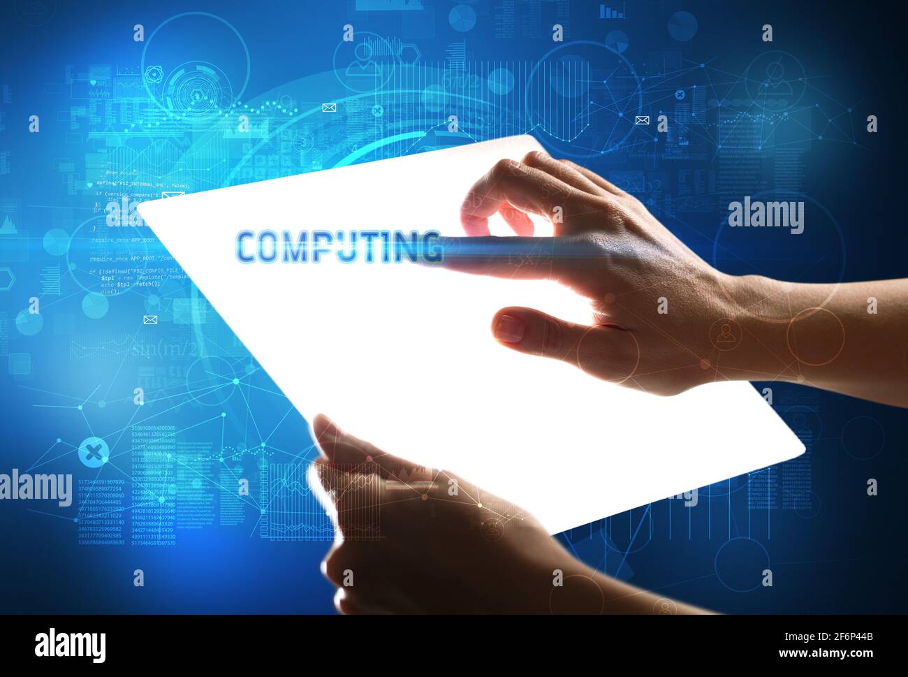 Hand holdig futuristic tablet , technology concept Stock Photo - Alamy