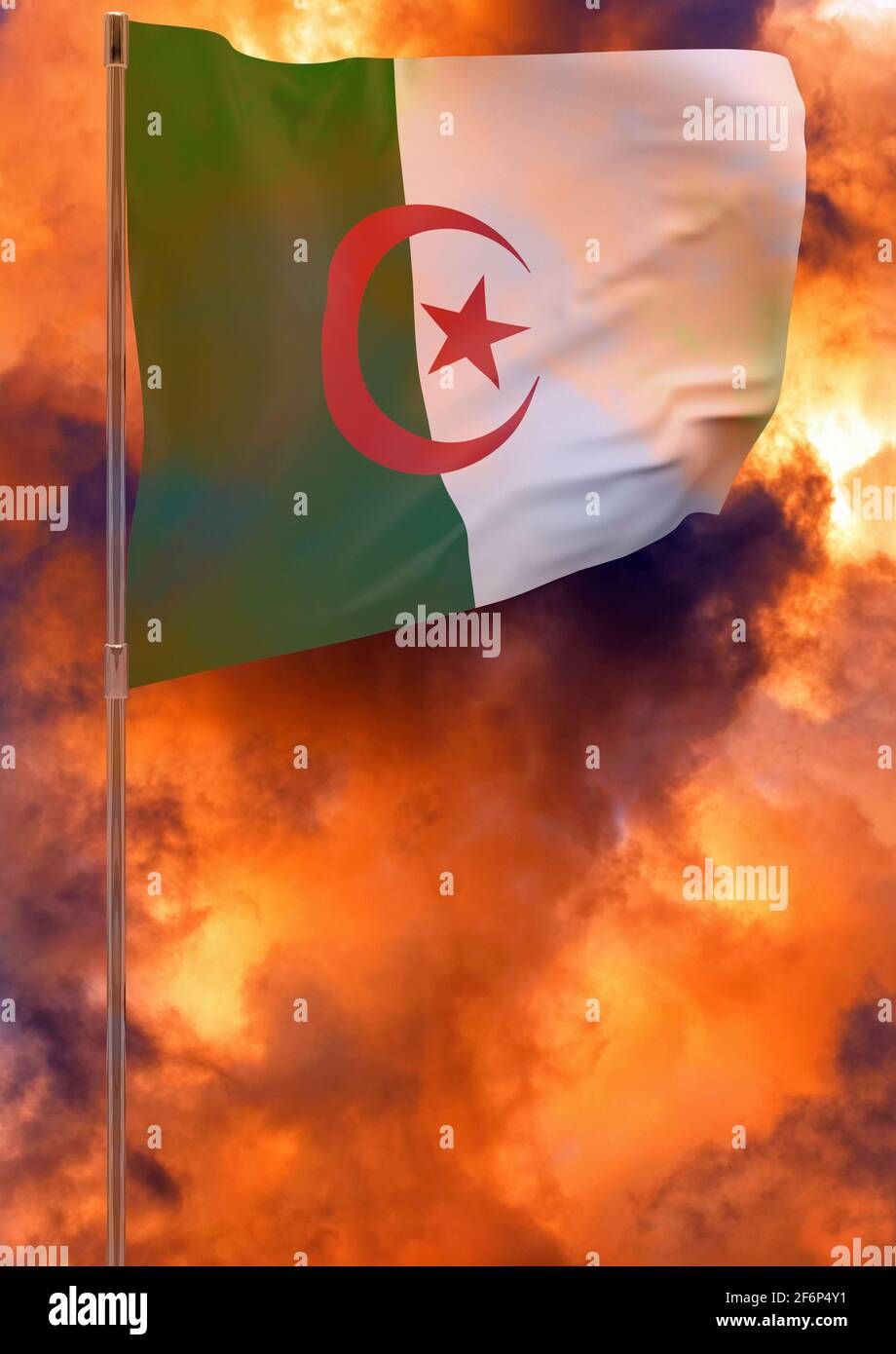 Algeria flag with sky background. Waving banner. National flag of ...
