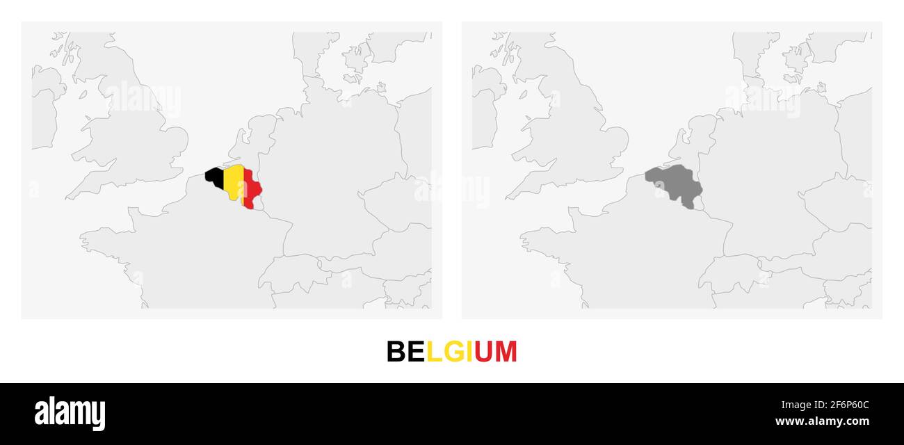 Two versions of the map of Belgium, with the flag of Belgium and ...