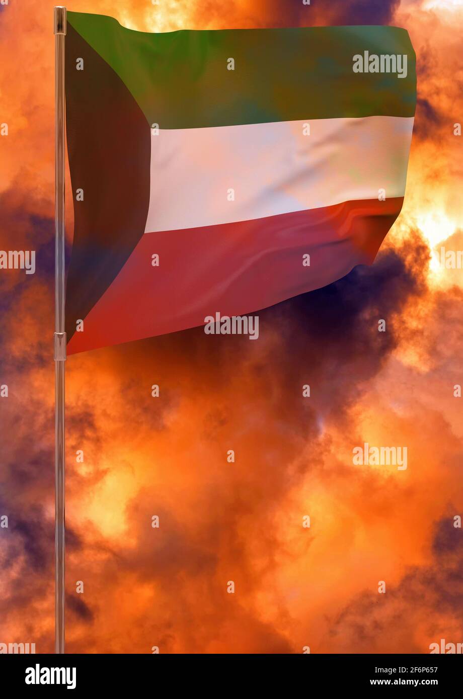 Kuwait flag with sky background. Waving banner. National flag of Kuwait ...