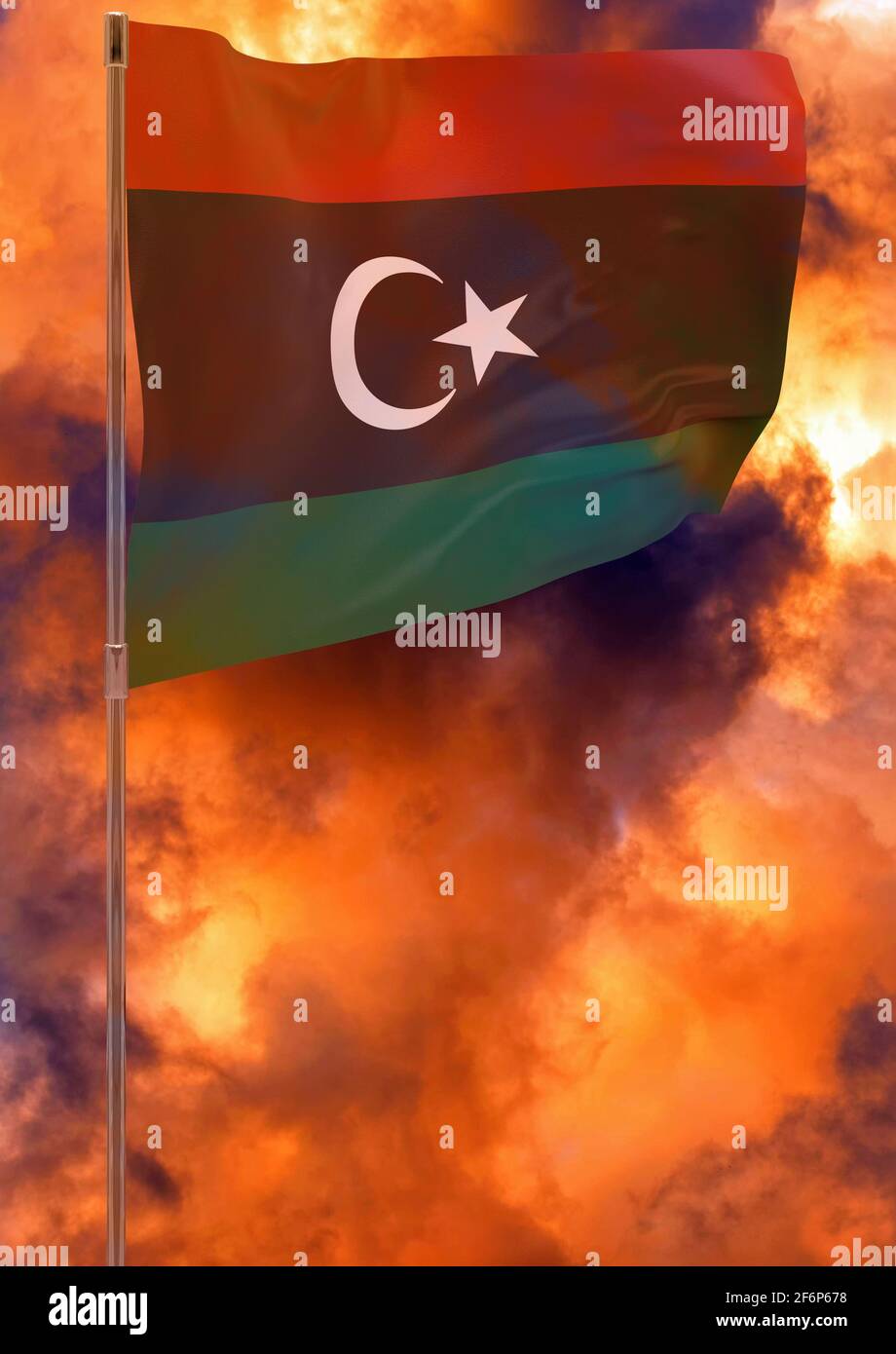 Libya flag with sky background. Waving banner. National flag of libya ...