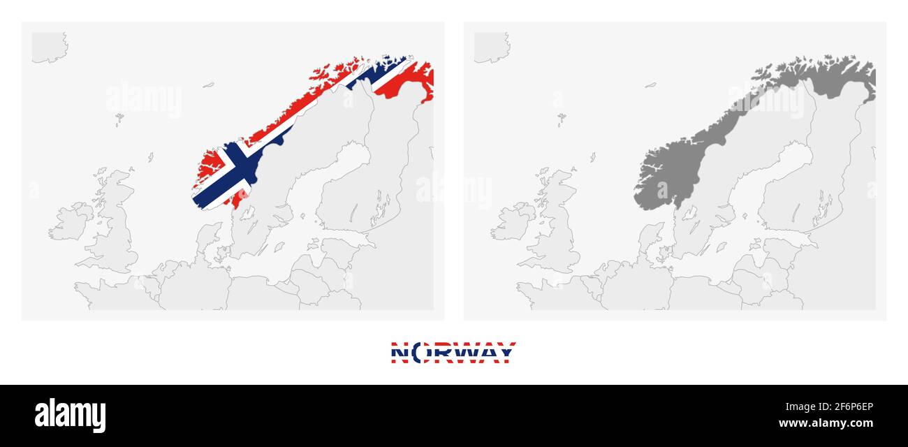 Two versions of the map of Norway, with the flag of Norway and ...
