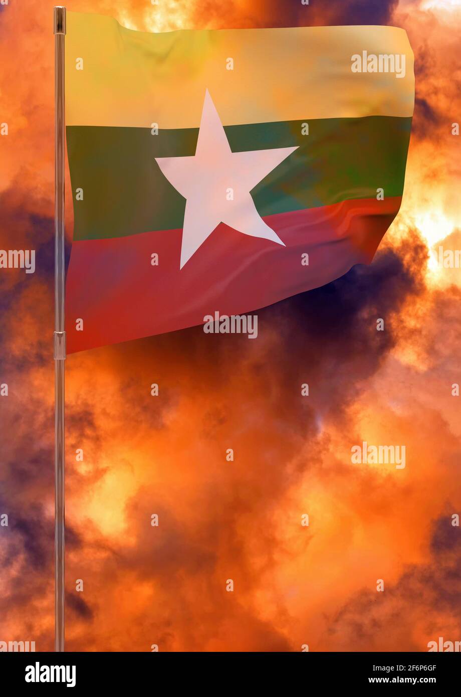 Myanmar flag with sky background. Waving banner. National flag of ...