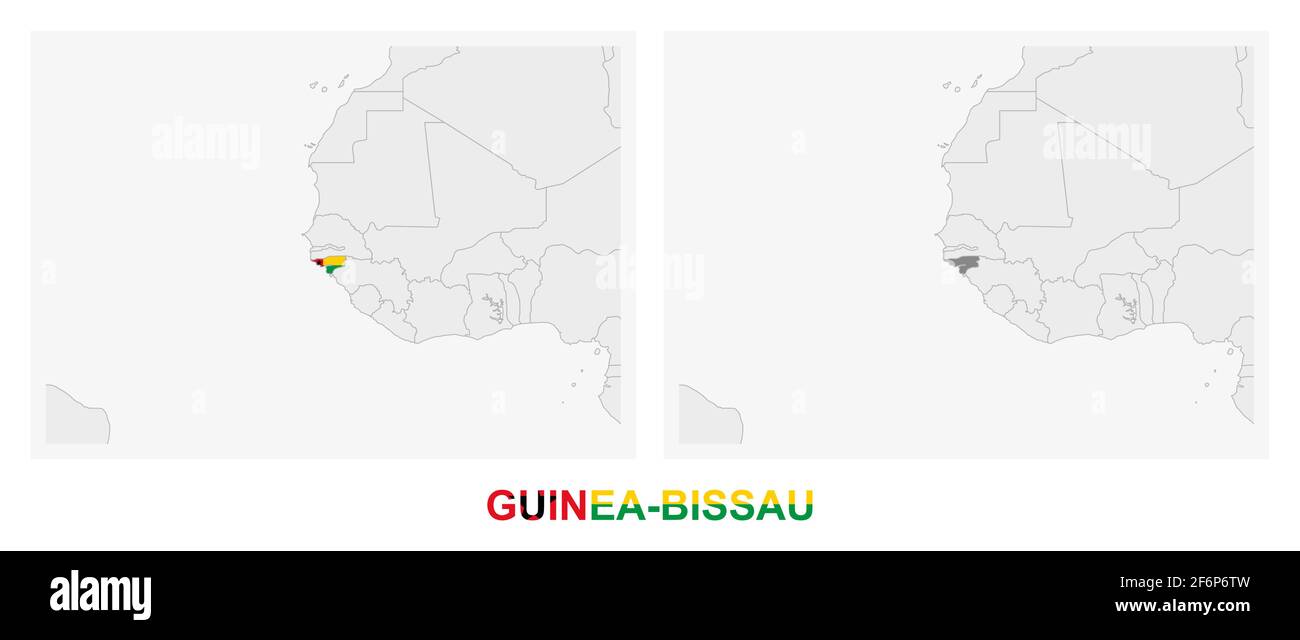 Two versions of the map of Guinea-Bissau, with the flag of Guinea ...