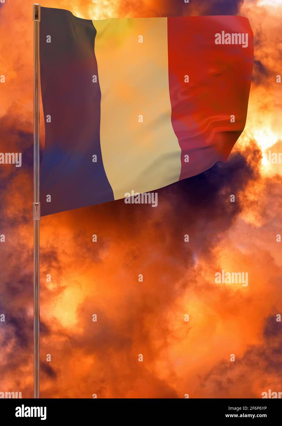 Romania flag with sky background. Waving banner. National flag of ...