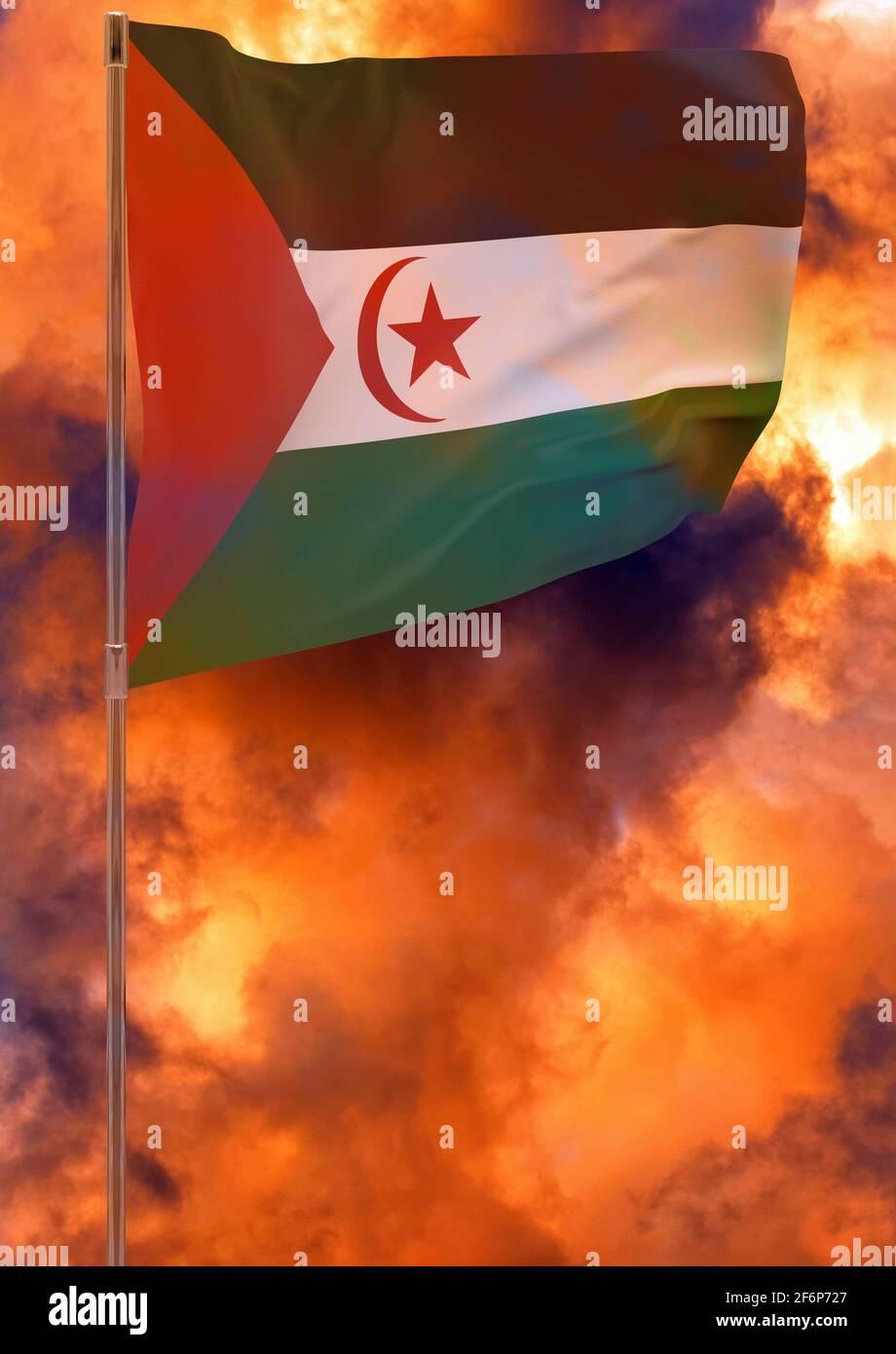 Sahrawi Arab Democratic Republic flag with sky background. Waving ...