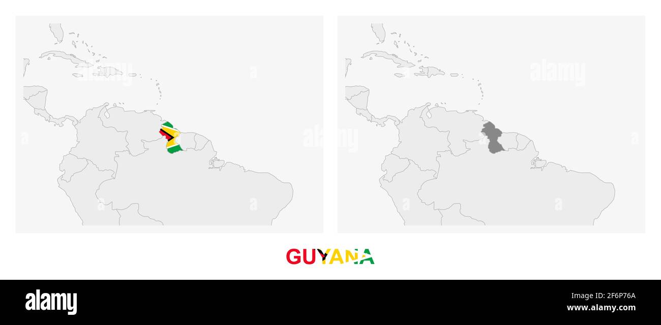 Two versions of the map of Guyana, with the flag of Guyana and ...