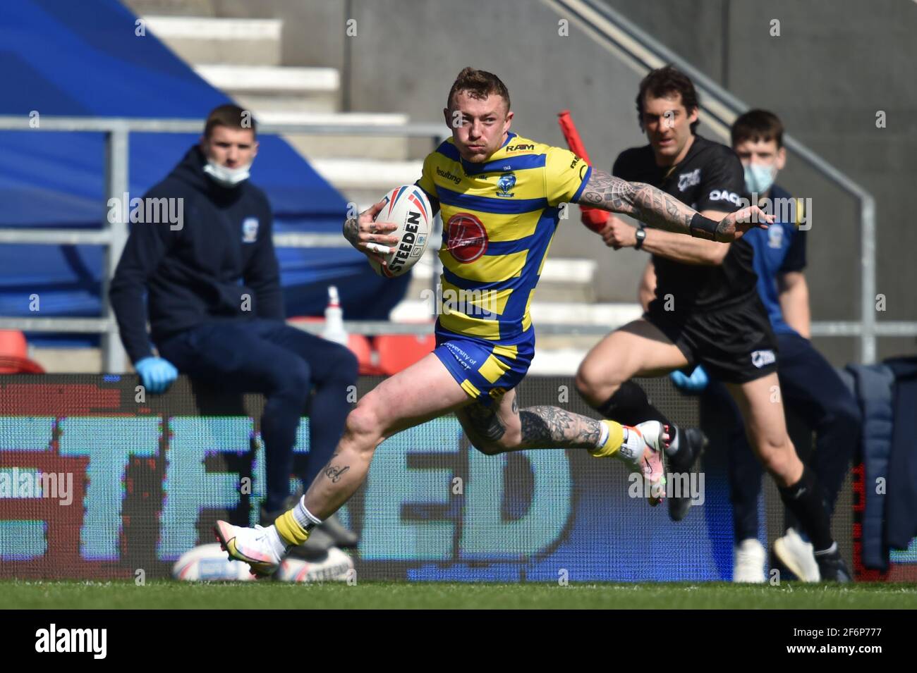 St Helens, UK. 02nd Apr, 2021. Josh Charnley (5) of Warrington Wolves ...