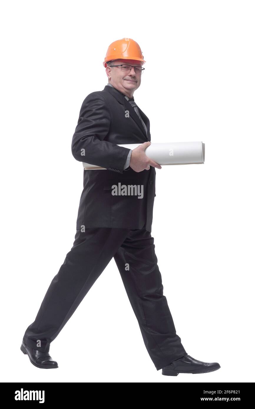 Side view of happy engineer walking isolated on white background Stock ...