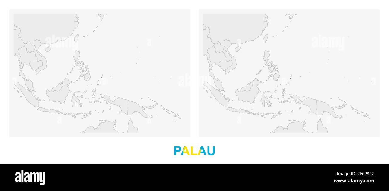 Two versions of the map of Palau, with the flag of Palau and highlighted in dark grey. Vector ...