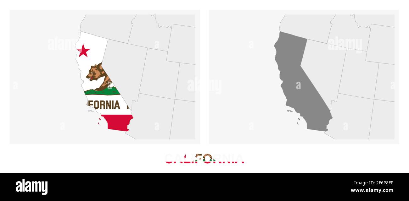 Two versions of the map of US State California, with the flag of ...