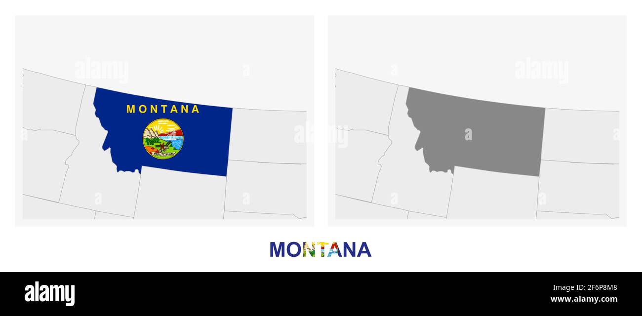 Two versions of the map of US State Montana, with the flag of Montana ...