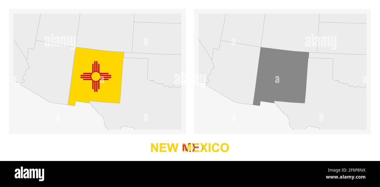 Two versions of the map of US State New Mexico, with the flag of New ...