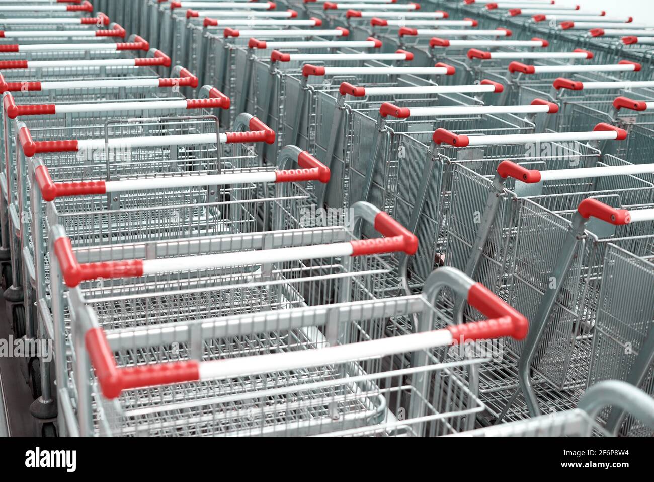 Rows of shopping carts in a supermarket Stock Photo - Alamy