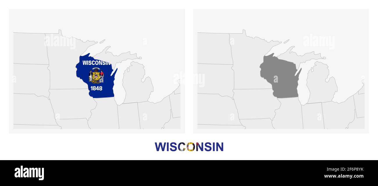 Two versions of the map of US State Wisconsin, with the flag of ...