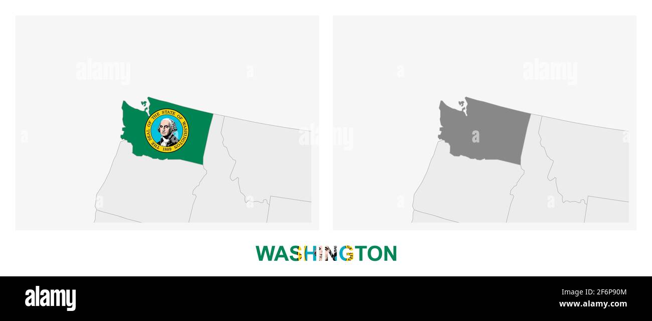 Two versions of the map of US State Washington, with the flag of ...
