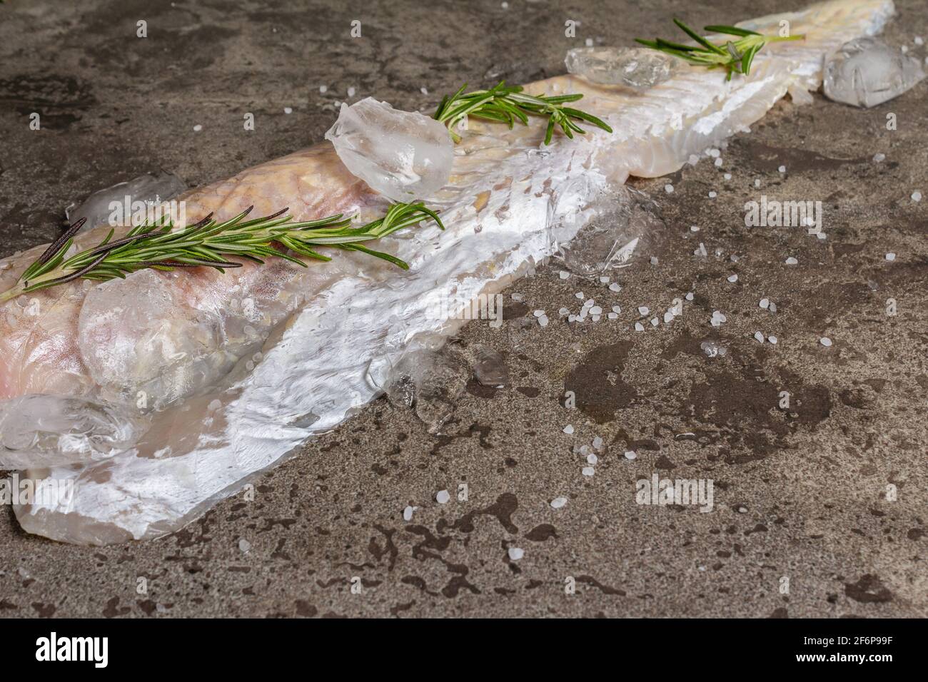 Raw frozen hake fillet with ice and fresh rosemary. Healthy food ...