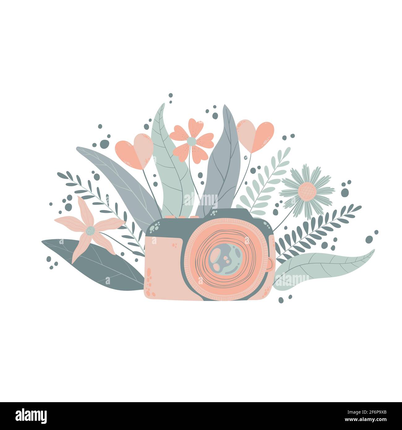 Cute colorful dslr photo camera with fllowers in flat cartoon style ...