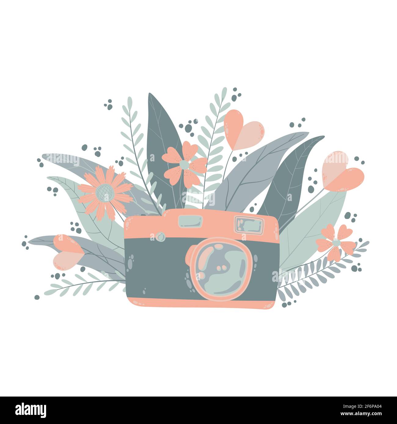 Cute colorful digital photo camera with fllowers in flat cartoon style ...