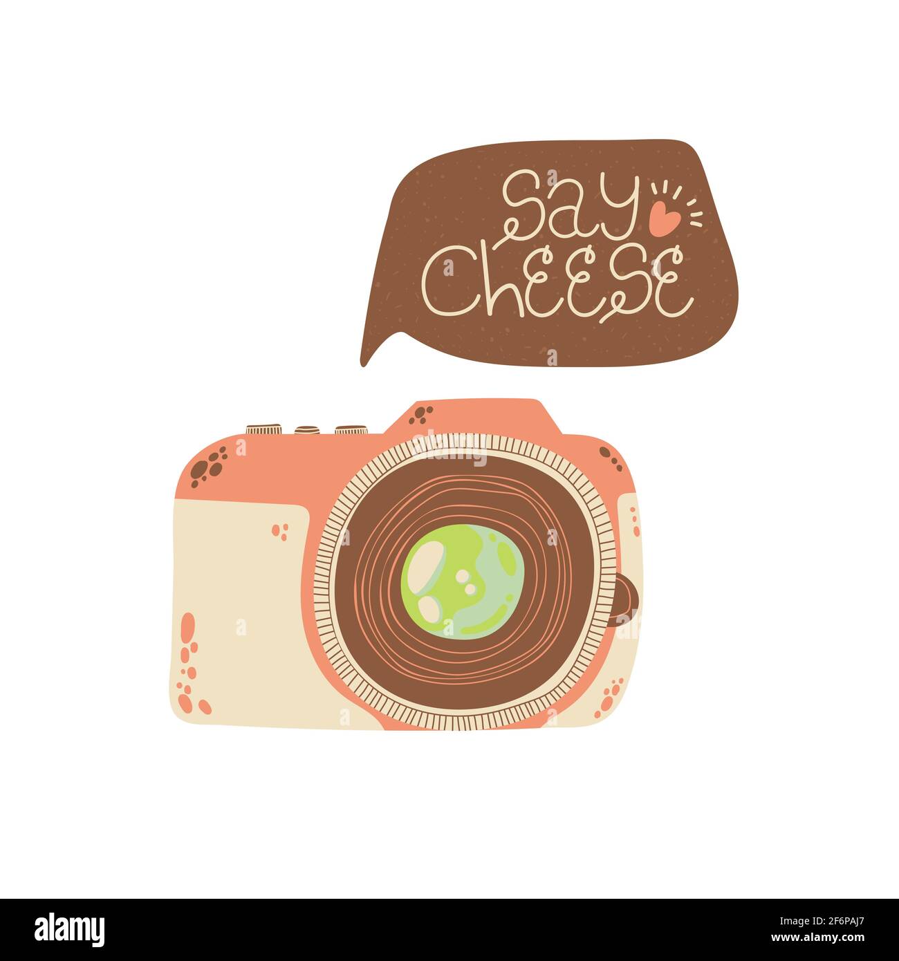 Cute dslr photo camera with speech bubble with quote Say Cheese in flat ...