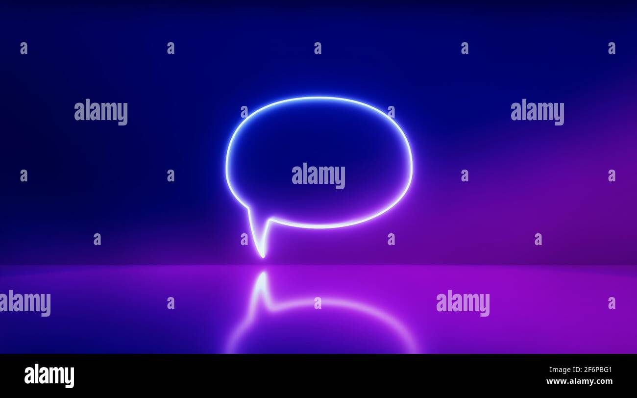 Chat bubble neon light icon in purple background with reflection. icon ...